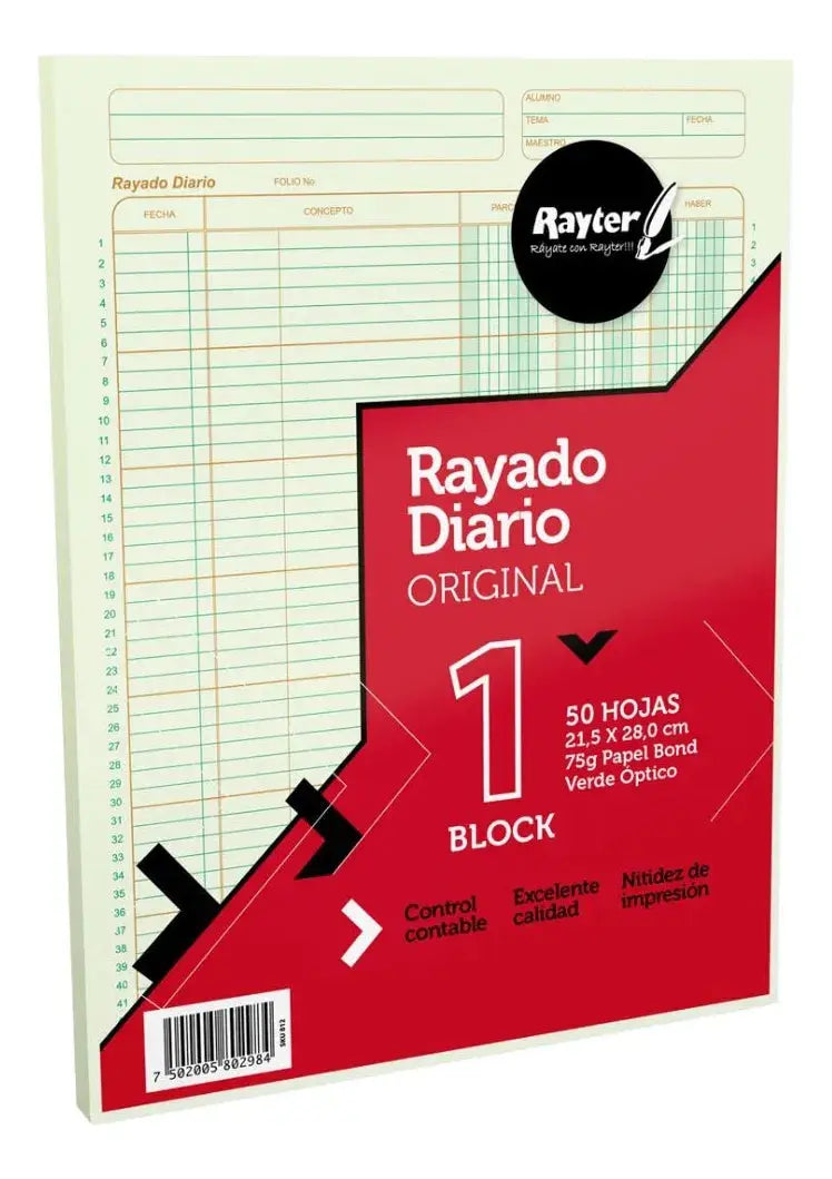 Block 50 Hoja Rayado Diario Rayter Verde Optico Contabilidad